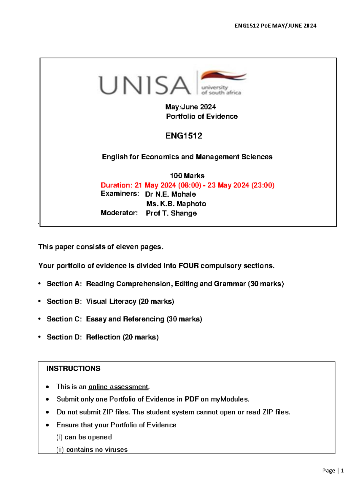ENG1512 Po E May June 2024 - ` This paper consists of eleven pages. Your portfolio of evidence ...