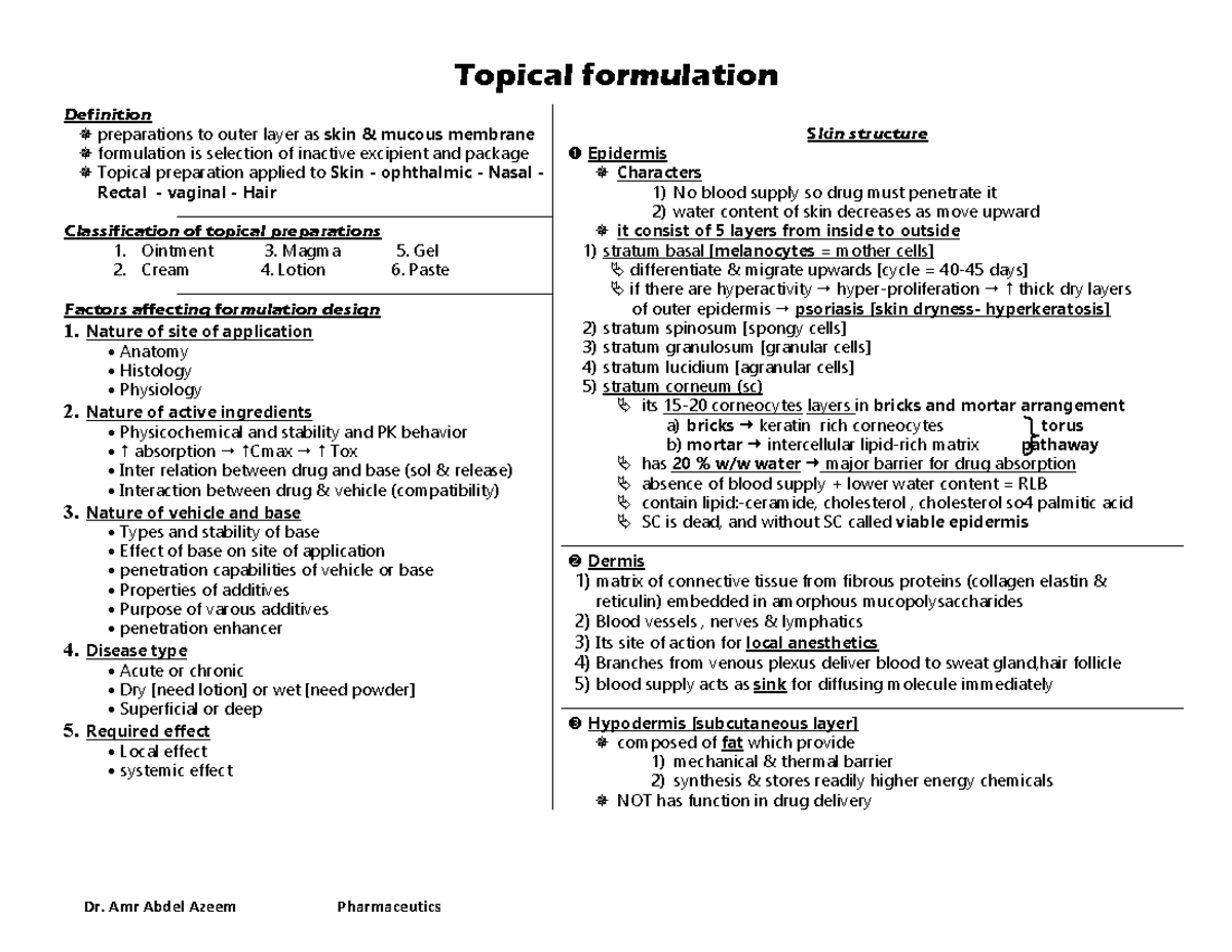 Pharmaceutics- الحصة الاولى - Dr. Amr Abdel Azeem Pharmaceutics Topical ...