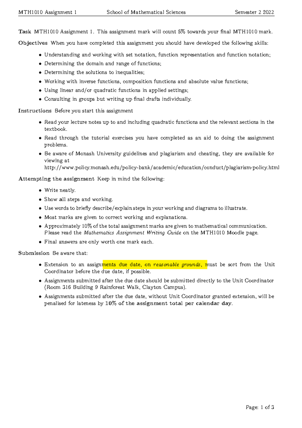 Mth1010 A1 S2 2022 Assignment 1 No Answers Mth1010 Assignment 1
