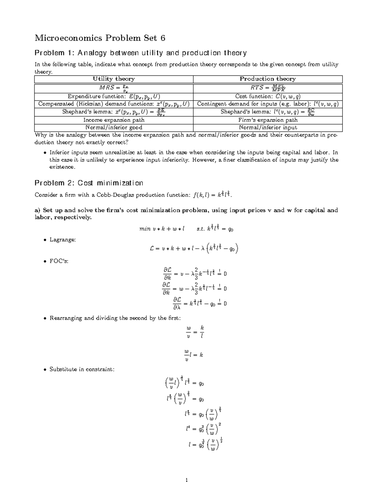 PS6 Solution - Microeconomics Problem Set 6 Problem 1: A nalogy between utility and production ...