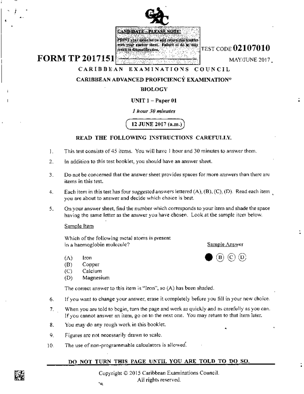 375589105 CAPE Biology U1 P1 2017 - i TEST CODE 021O7O1O FORM TP ...
