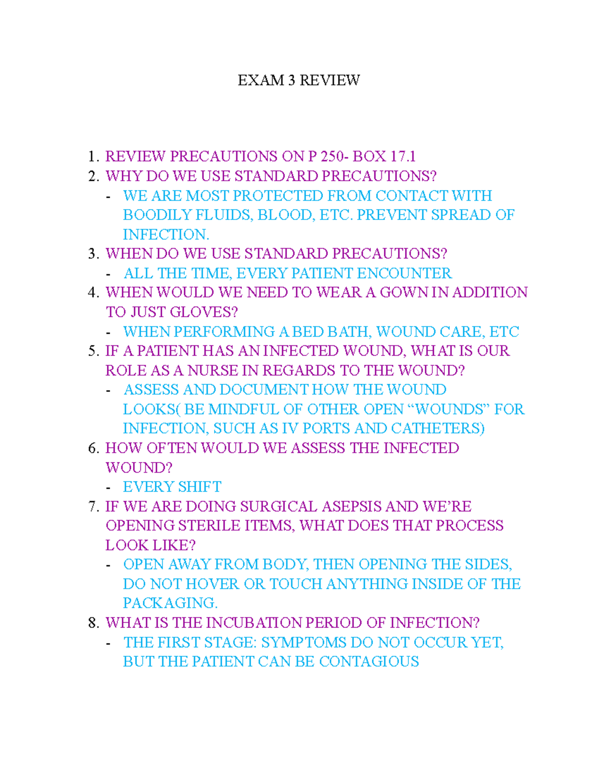 EXAM 3 Review - EXAM 3 REVIEW 1. REVIEW PRECAUTIONS ON P 250- BOX 17. 2 ...