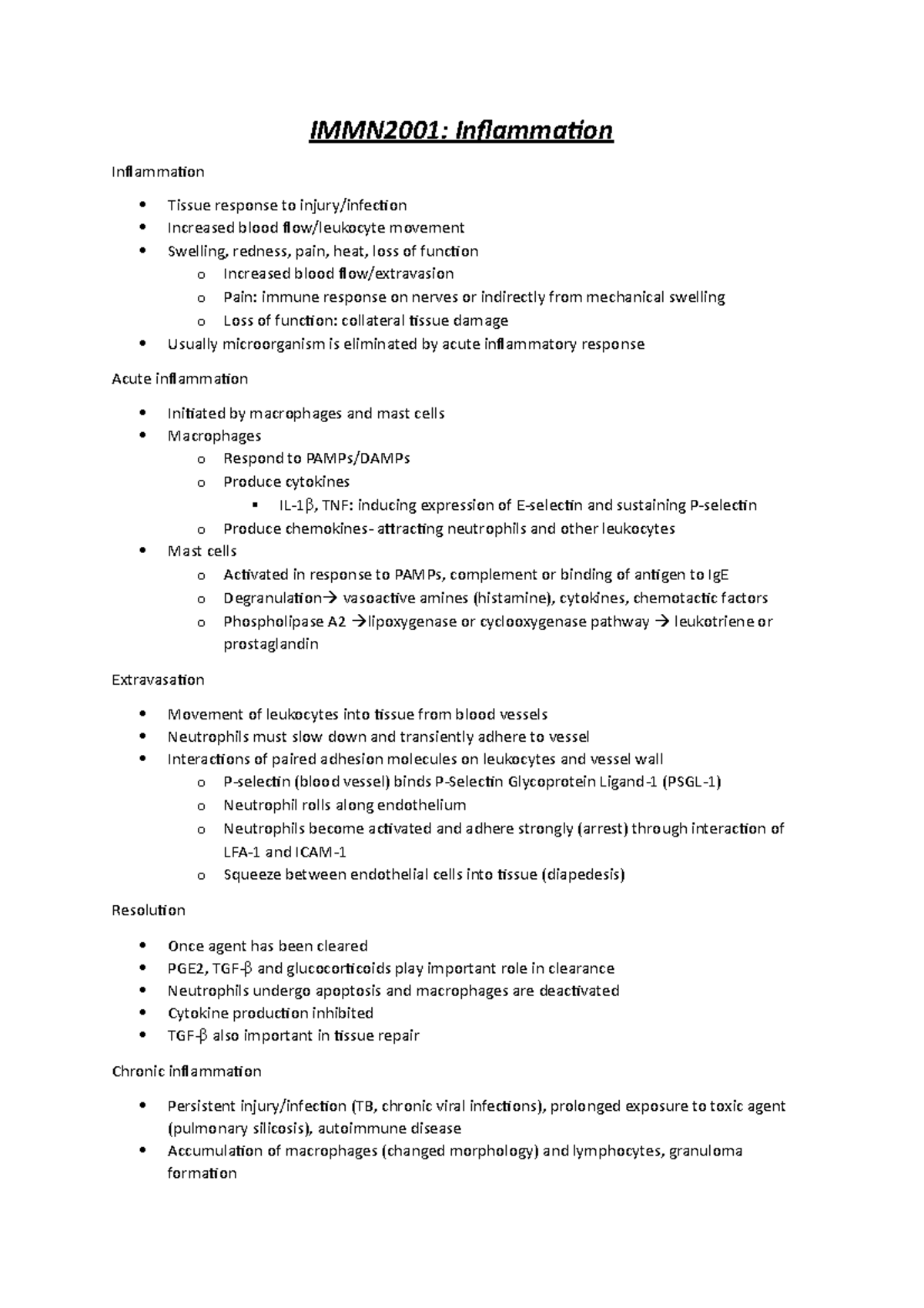 3. Inflammation - Notes on the inflammatory response - IMMN2001 ...