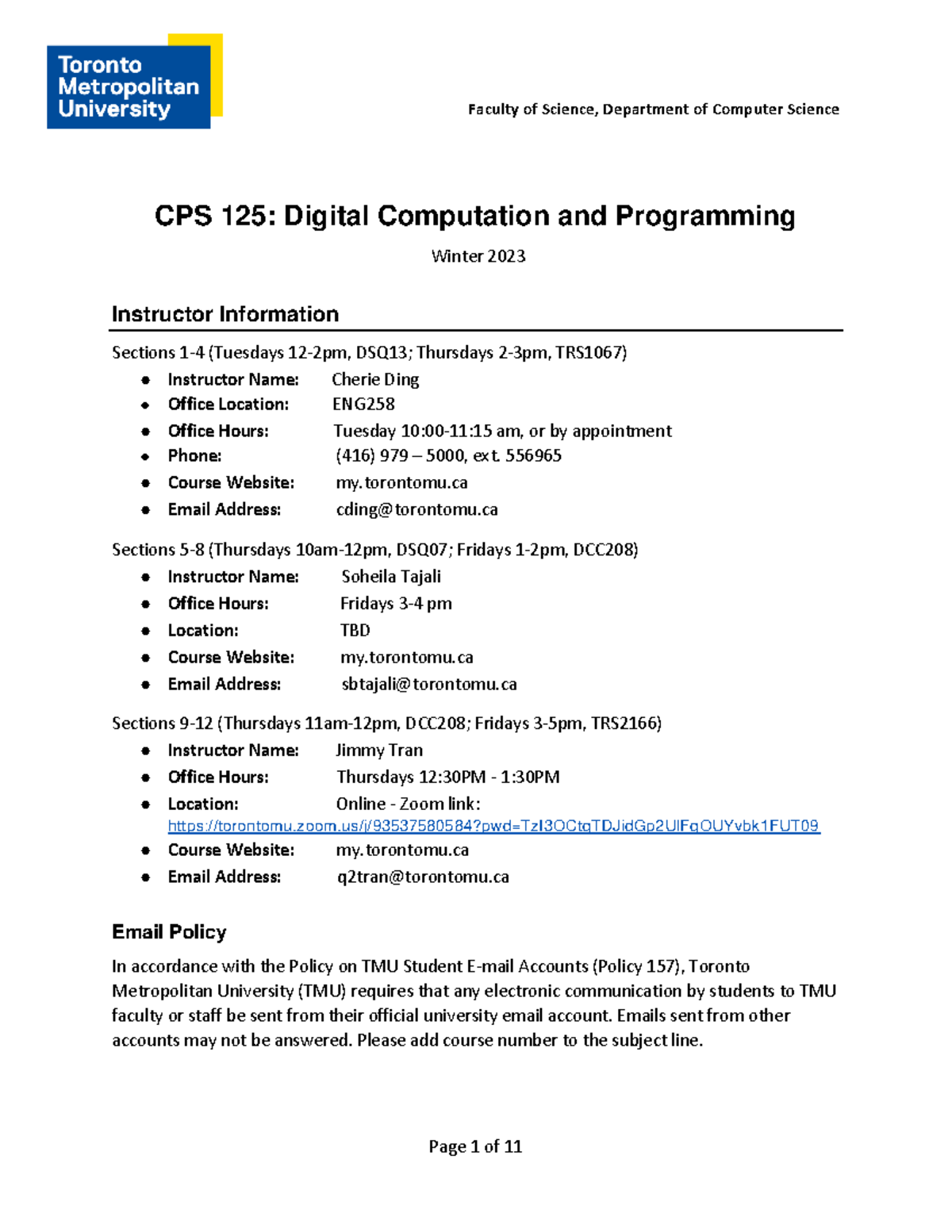 Cps125 w23 cmf - syllabus - Faculty of Science, Department of Computer ...