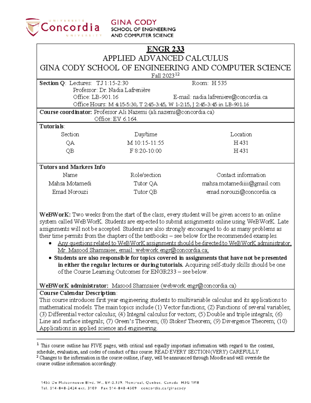 Course Outline ENGR 233 Fall 2023 - ENGR 233 APPLIED ADVANCED CALCULUS GINA CODY SCHOOL OF - Studocu