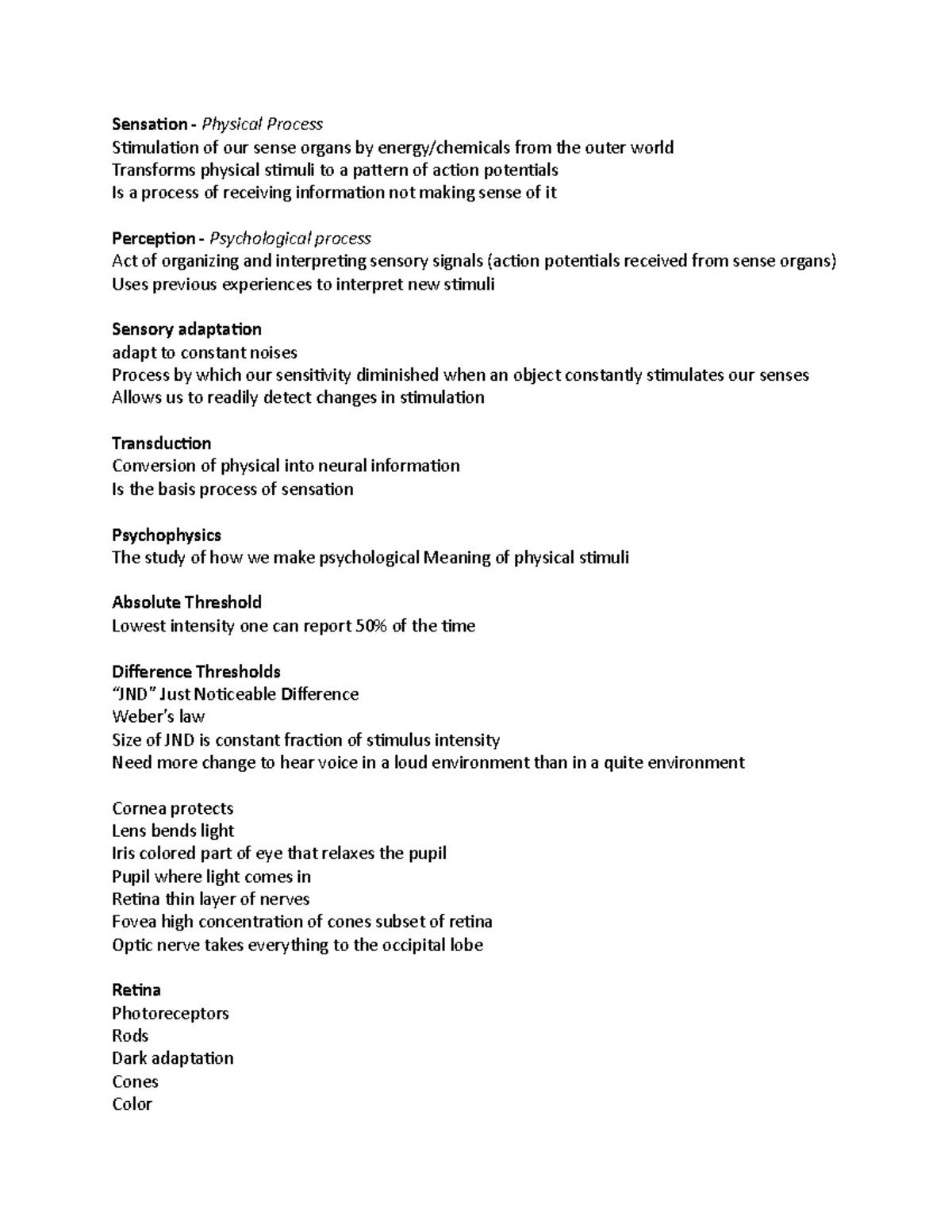 Psychology Week 4 - Chapter 4 Dr. Shelly - Sensation - Physical Process ...