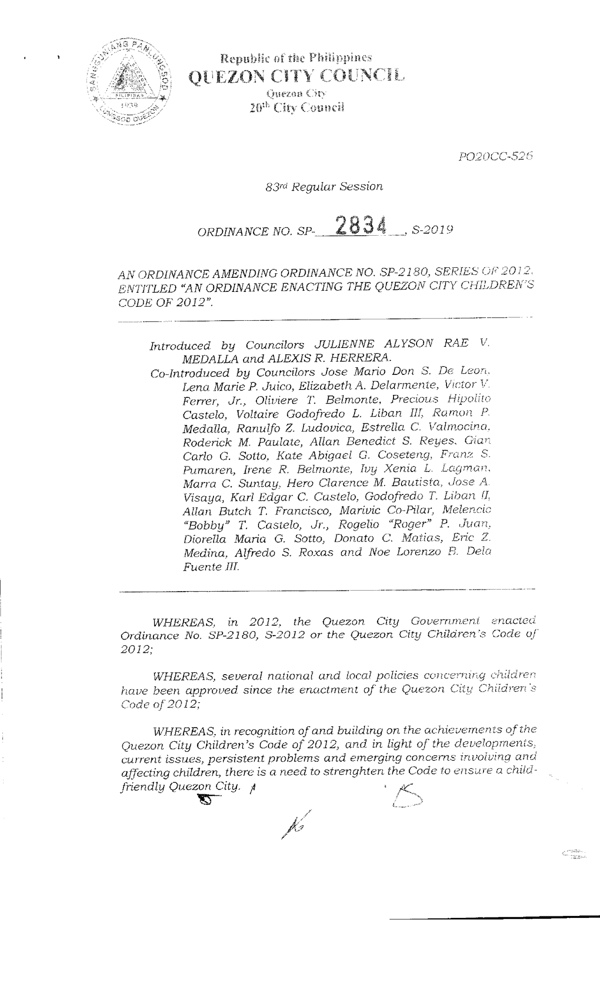 SP-2834, S-2019 Amendment to Ordinance enacting QC Children's Code - General Education - Studocu