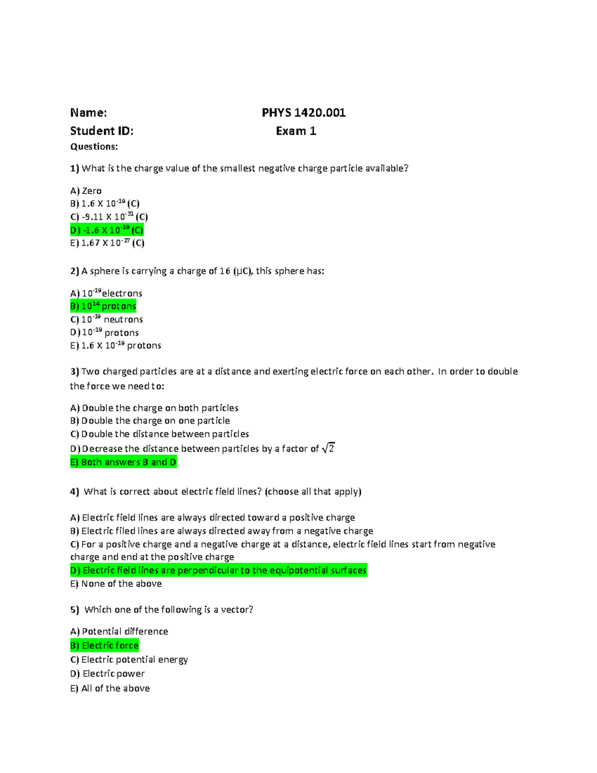 Exam+1+Solutions - Exam 1 - Name: PHYS 1420. Student ID: Exam 1 ...