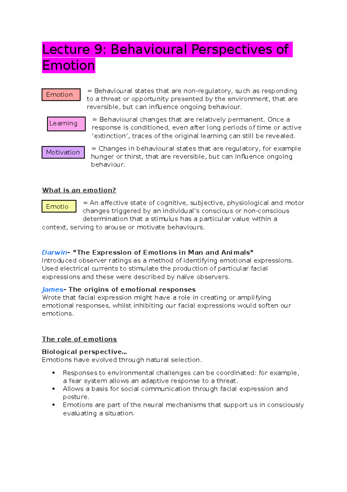 Lecture 9- Behavioural Perspectives of Emotion - Lecture 9: Behavioural ...