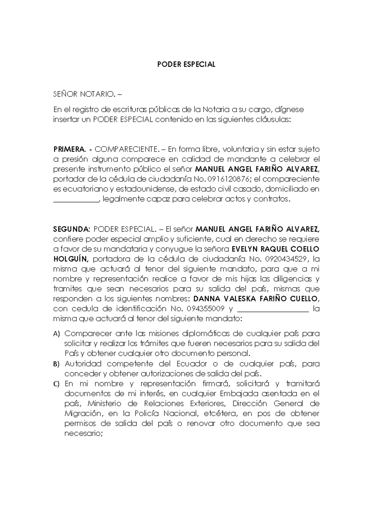 Poder Especial- Evelyn Coello - PODER ESPECIAL SEÑOR NOTARIO. – En el ...