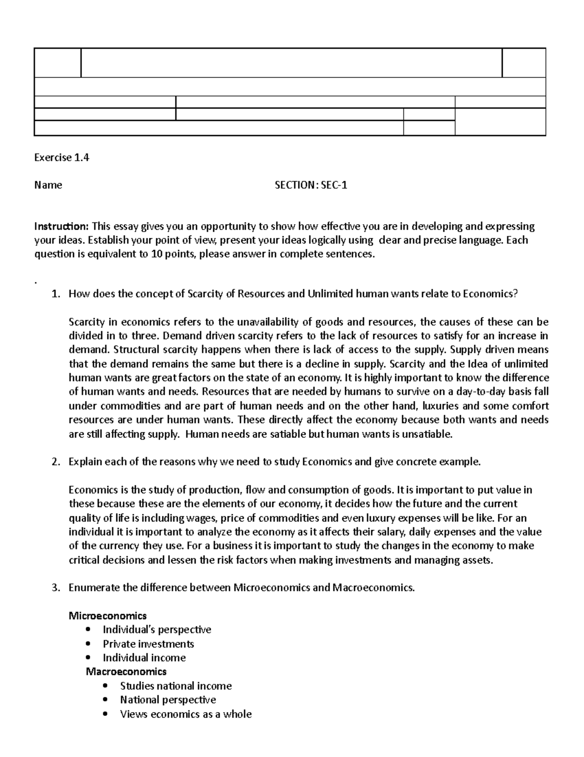 Basic economic concepts = Midterm Formative Assessment - Exercise 1 ...