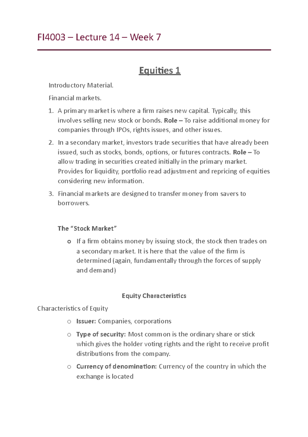 FI4003 - Lecture 14 - Week 7 - FI4003 – Lecture 14 – Week 7 Equities 1 ...