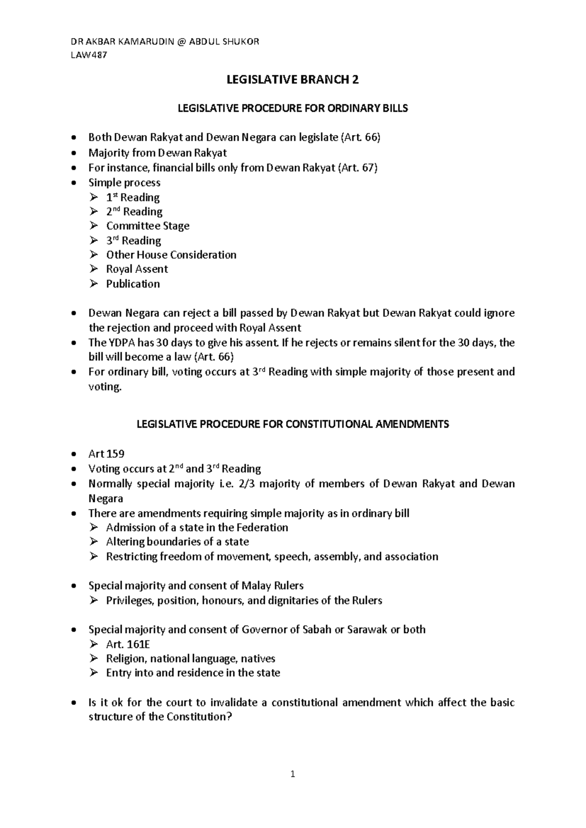 Law 487 Notes Legislative Branch 2 Dr Akbar Kamarudin Abdul Shukor Law 1 Legislative Branch 