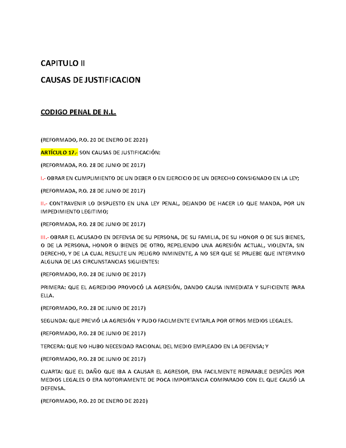 Art.17 CPNL Art.15.16 CPF - CAPITULO II CAUSAS DE JUSTIFICACION CODIGO ...