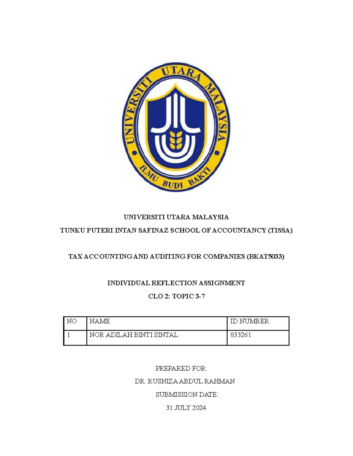 Individual Reflection Assignment - UNIVERSITI UTARA MALAYSIA TUNKU ...