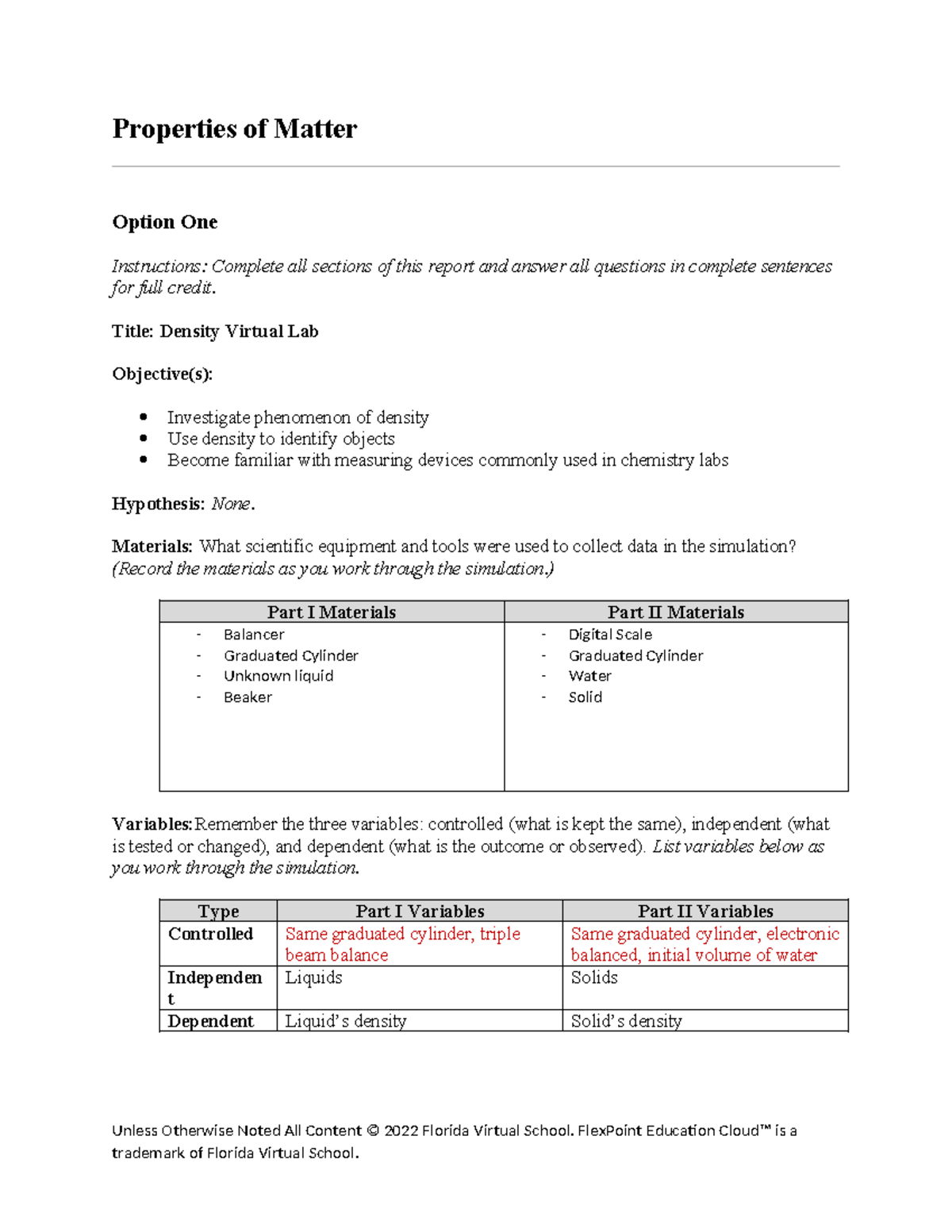 1.07 Density Lab (C) - dfghjk - Properties of Matter Option One ...