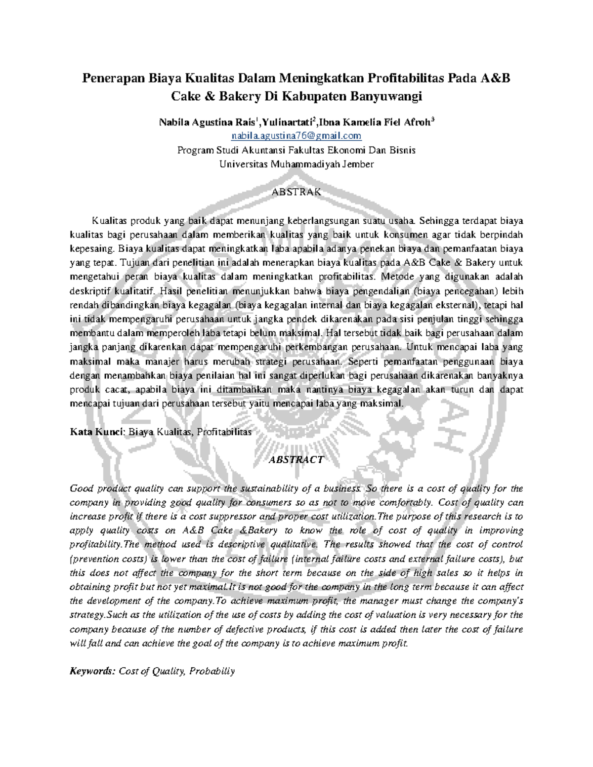 Journal - gajelas - Penerapan Biaya Kualitas Dalam Meningkatkan Profitabilitas Pada A&B Cake ...