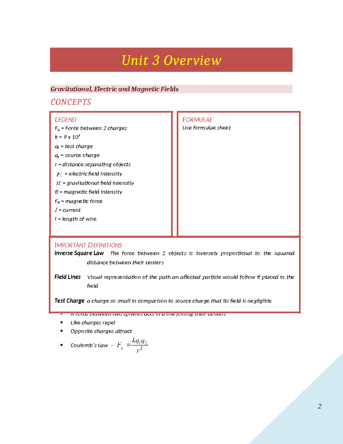 GEM Unit Review - Copy - 2 Unit 3 Overview Gravitational, Electric and ...