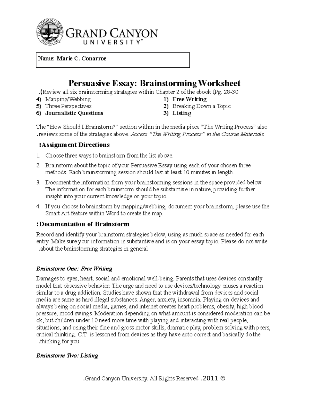 PHI105 T2 Brainstorming Worksheet 2023 - Name: Marie C. Conarroe ...