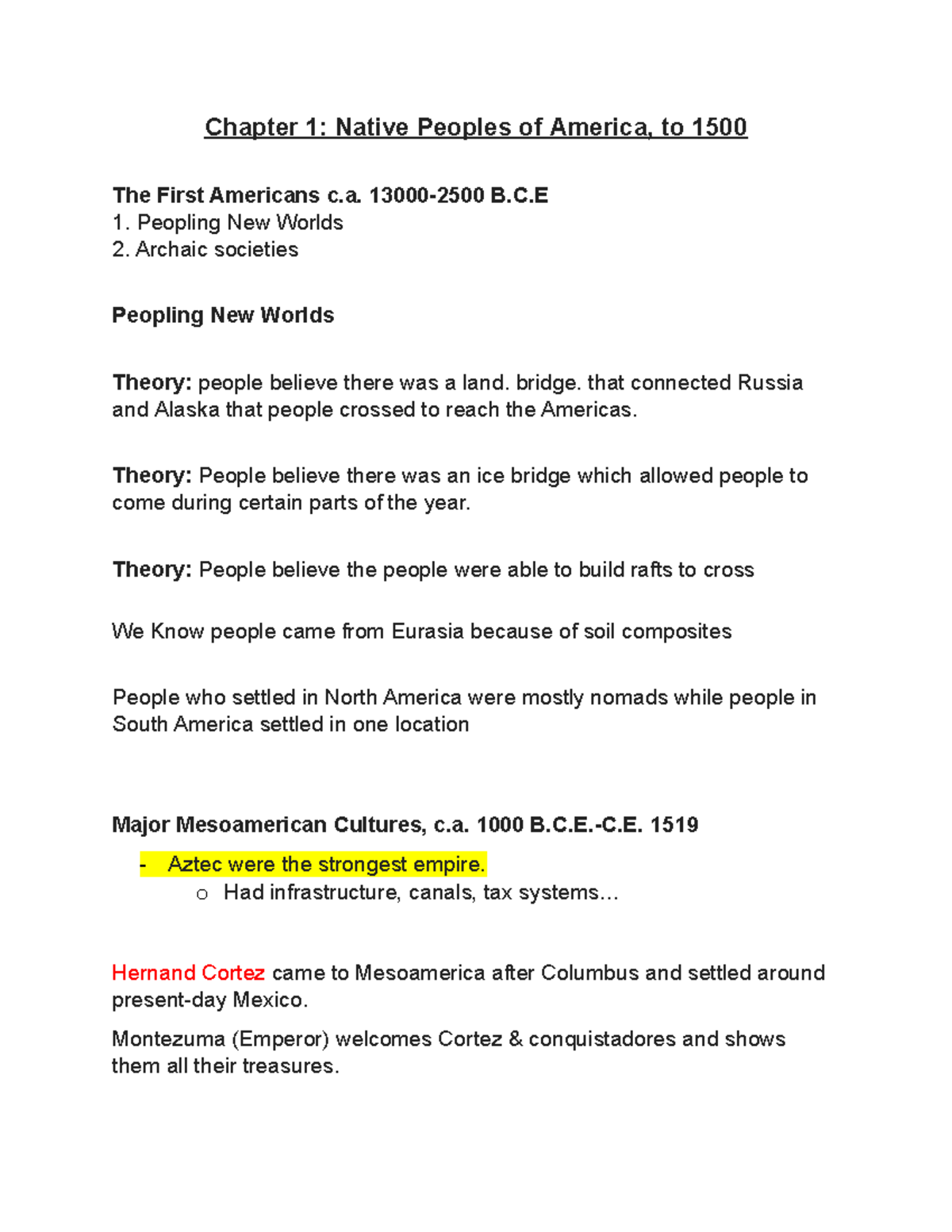 Lecture notes Chapter 1 - Chapter 1: Native Peoples of America, to 1500 ...