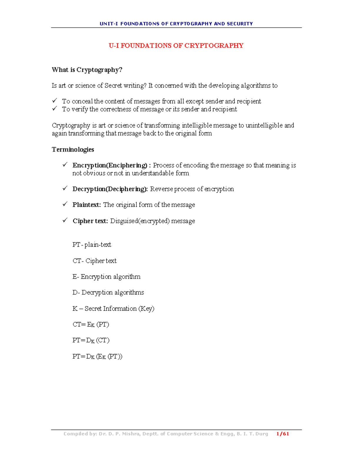 U1cns - CNS notes - U-I FOUNDATIONS OF CRYPTOGRAPHY What is ...