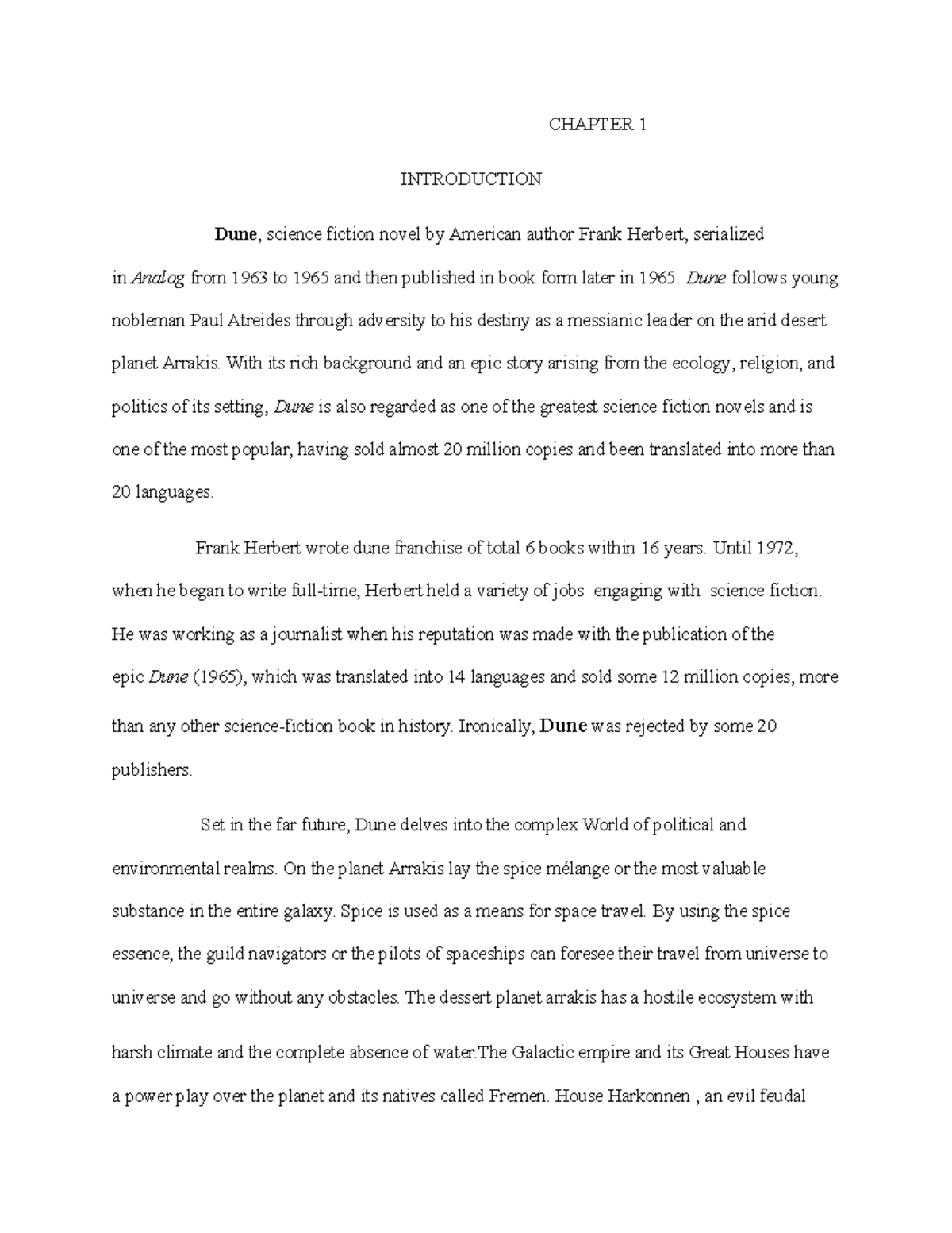 DUNE Project - CHAPTER 1 INTRODUCTION Dune, science fiction novel by ...