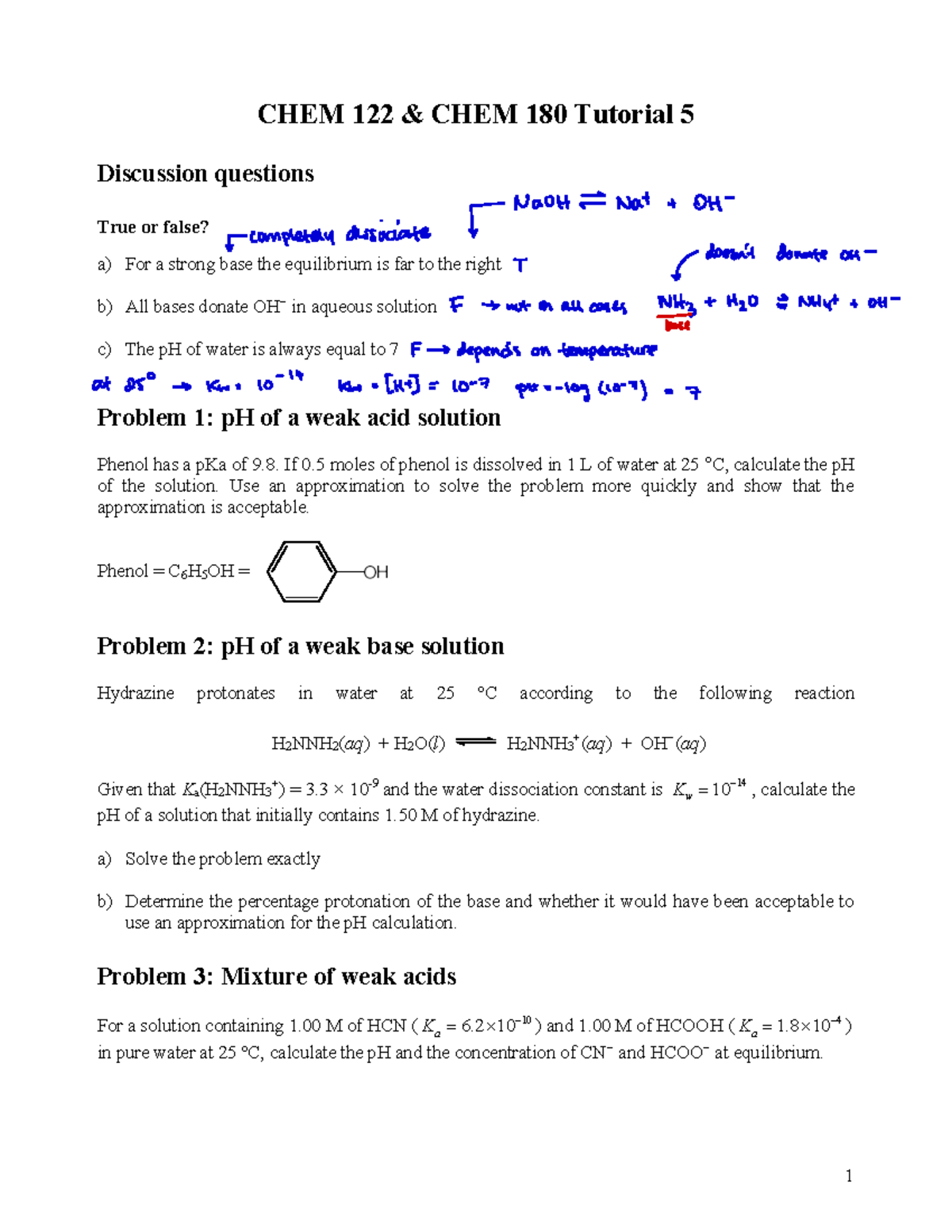 Tutorial 5 Fall 2024 - blah - 1 CHEM 122 & CHEM 180 Tutorial 5 ...