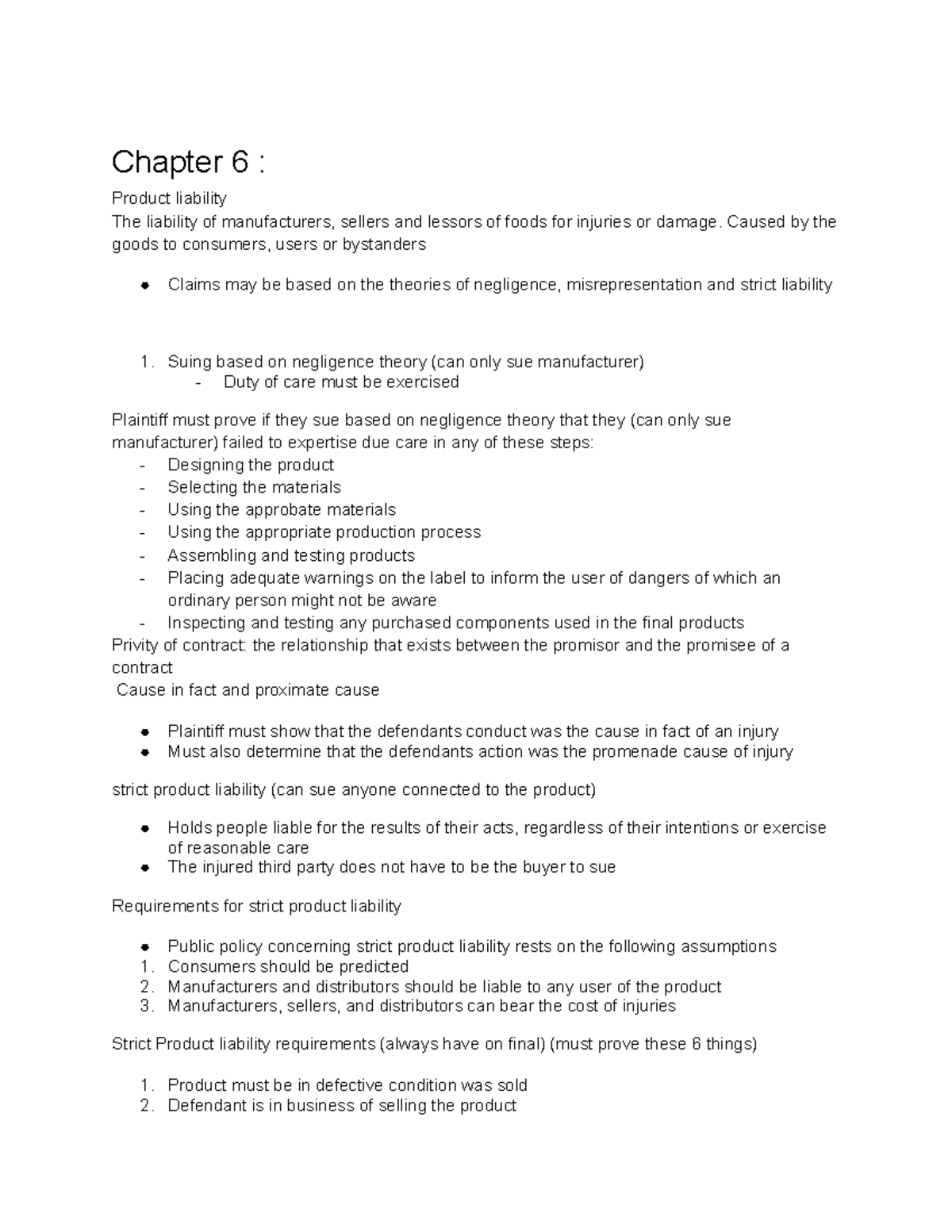 LAW Chapter 6 Notes - Chapter 6 : Product liability The liability of ...