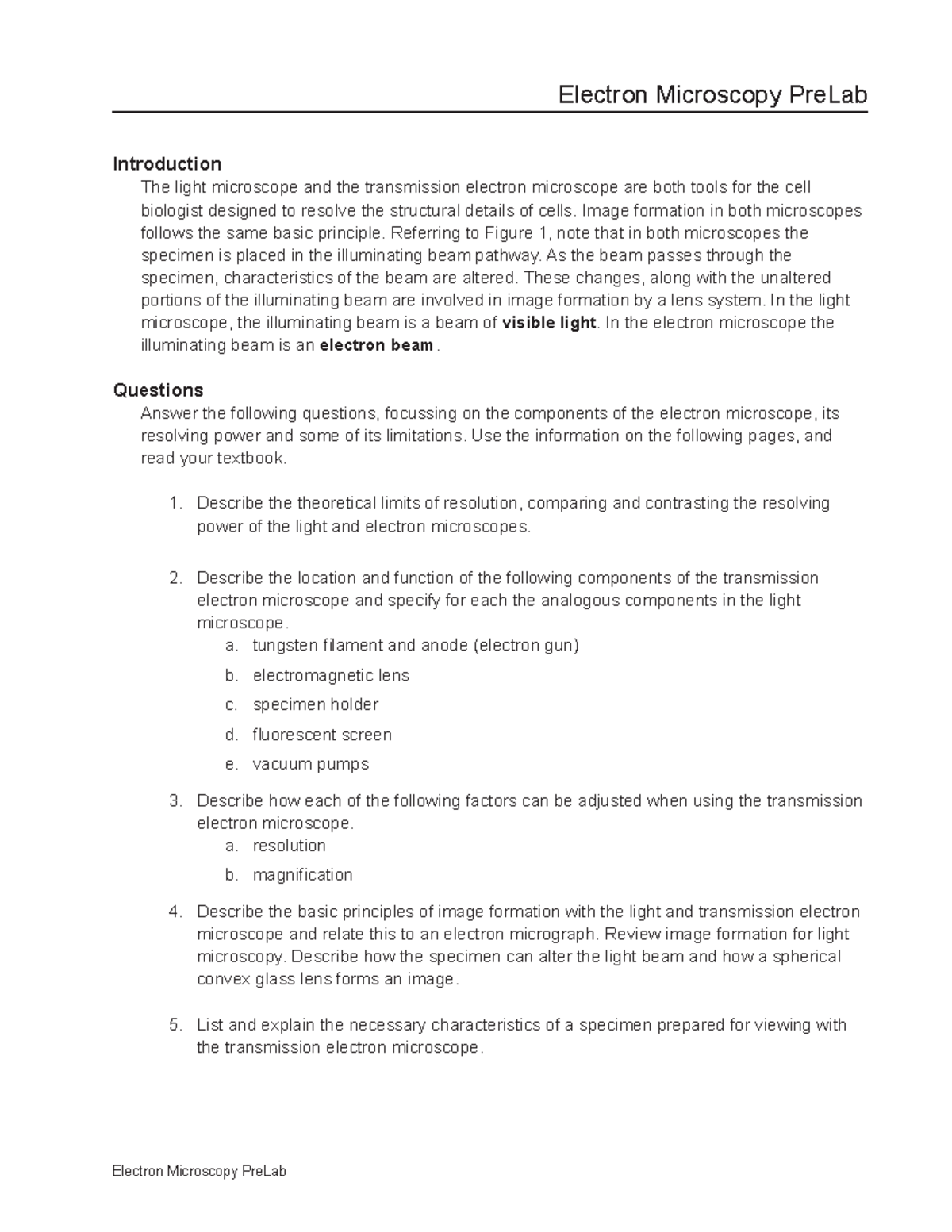 EM prelab - Electron Microscopy PreLab Introduction The light ...