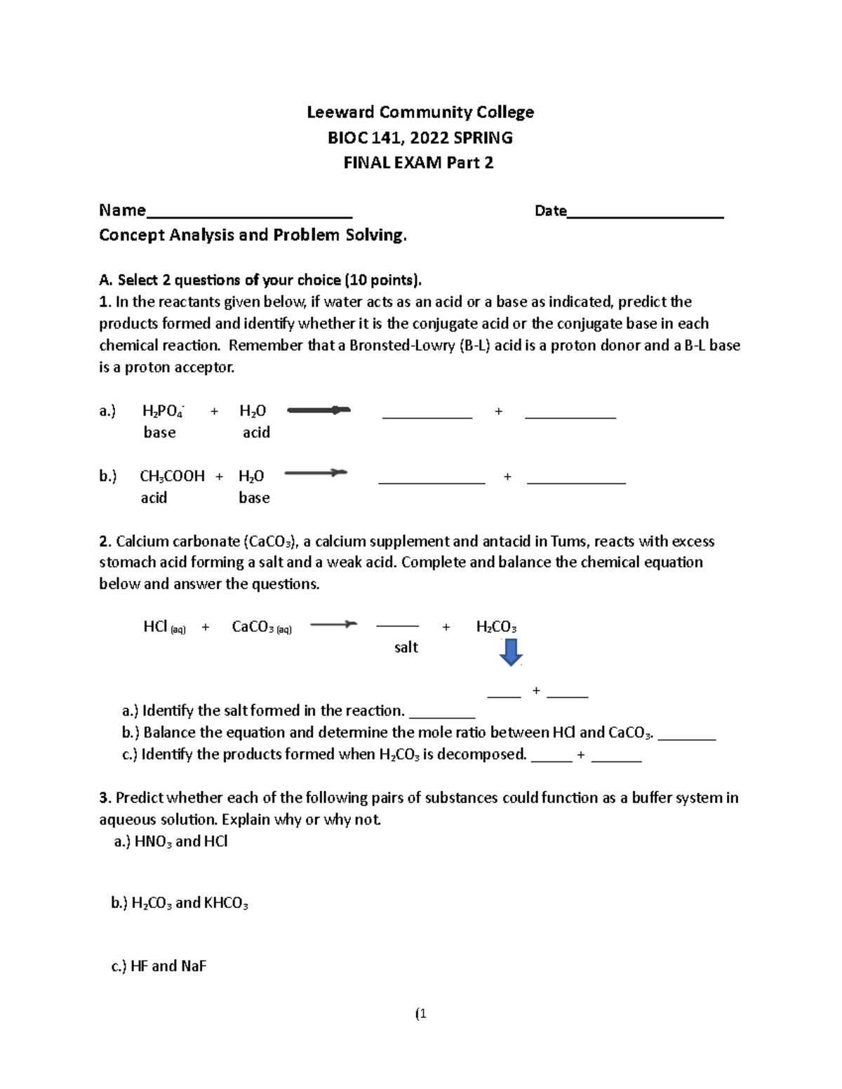Final EXAM Part 2 BIOC 141 -2022 Spring - final - Leeward Community ...