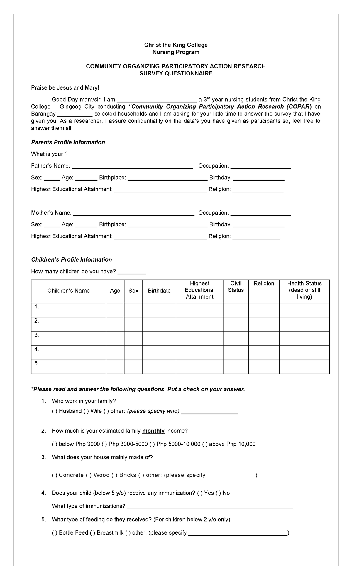 Copar-Questionnaire 2 - Christ the King College Nursing Program ...