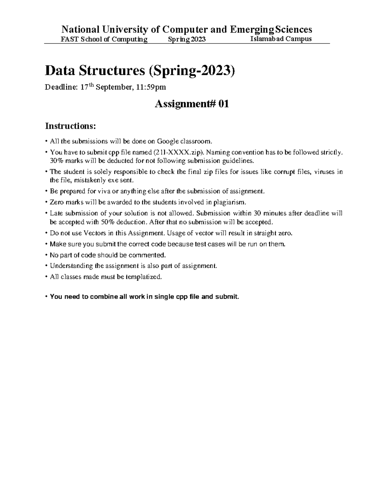 DS Fall 23 A1 - FAST School of Computing Spring 2023 Islamabad Campus Data Structures (Spring ...