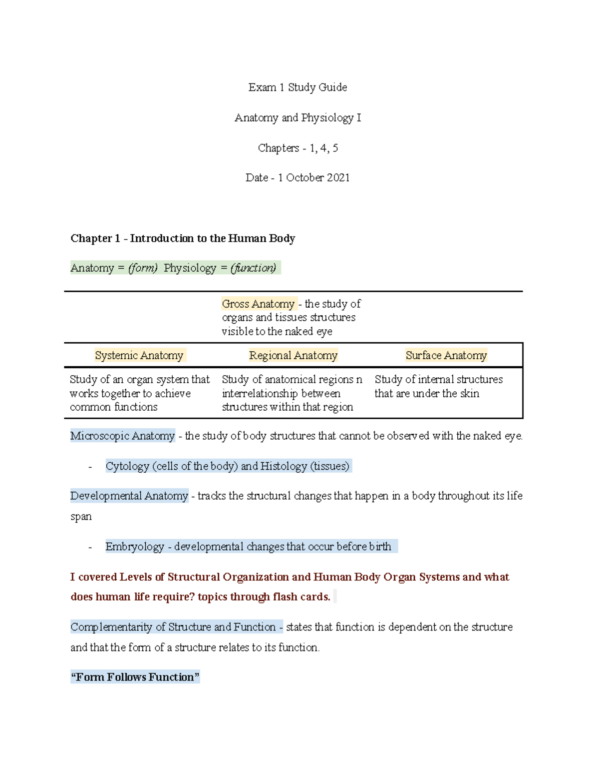 Exam 1 Study Guide - Summarized Notes - Exam 1 Study Guide Anatomy and ...