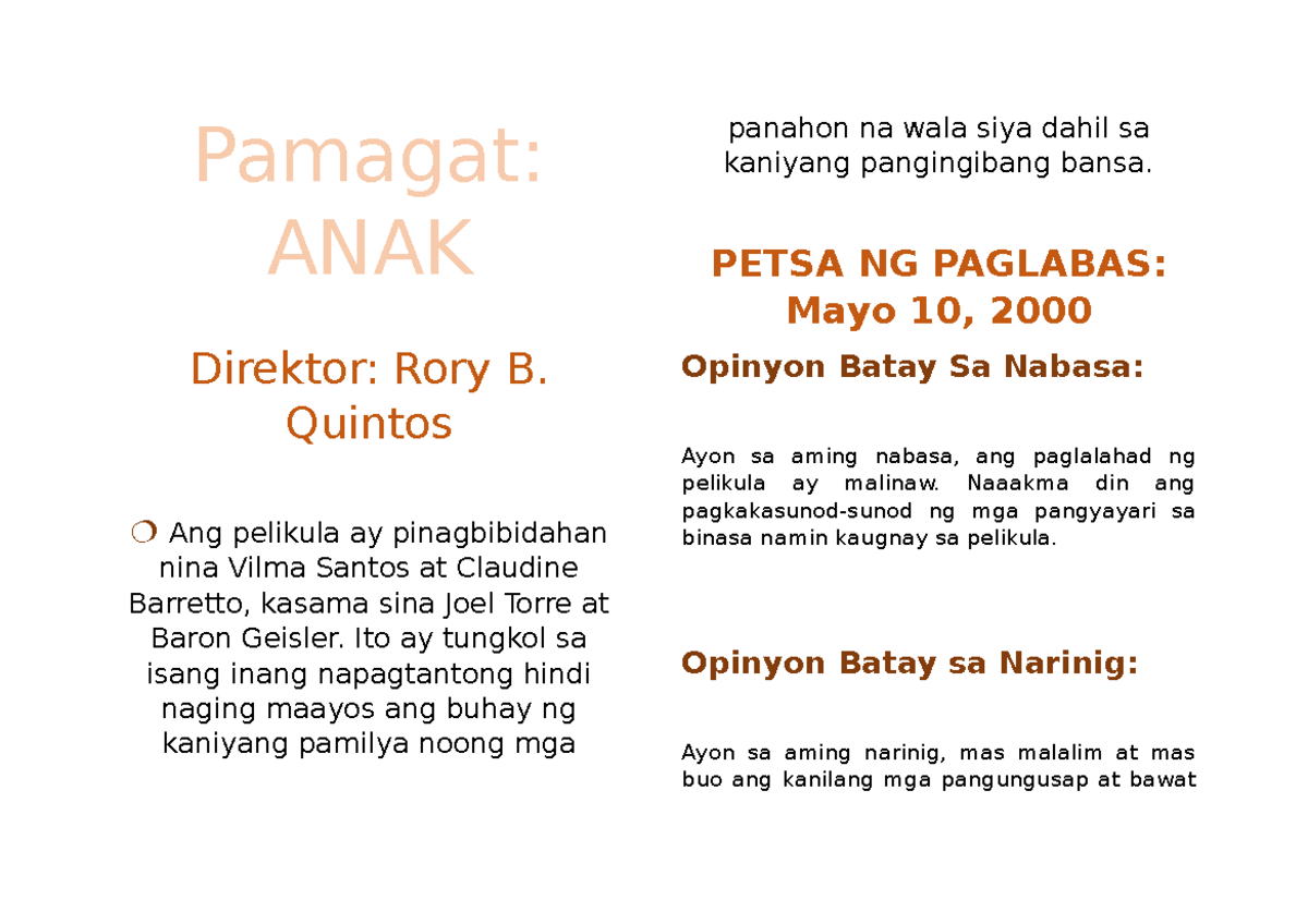 ANAK THE Movie - hi there - Pamagat: ANAK Direktor: Rory B. Quintos Ang ...