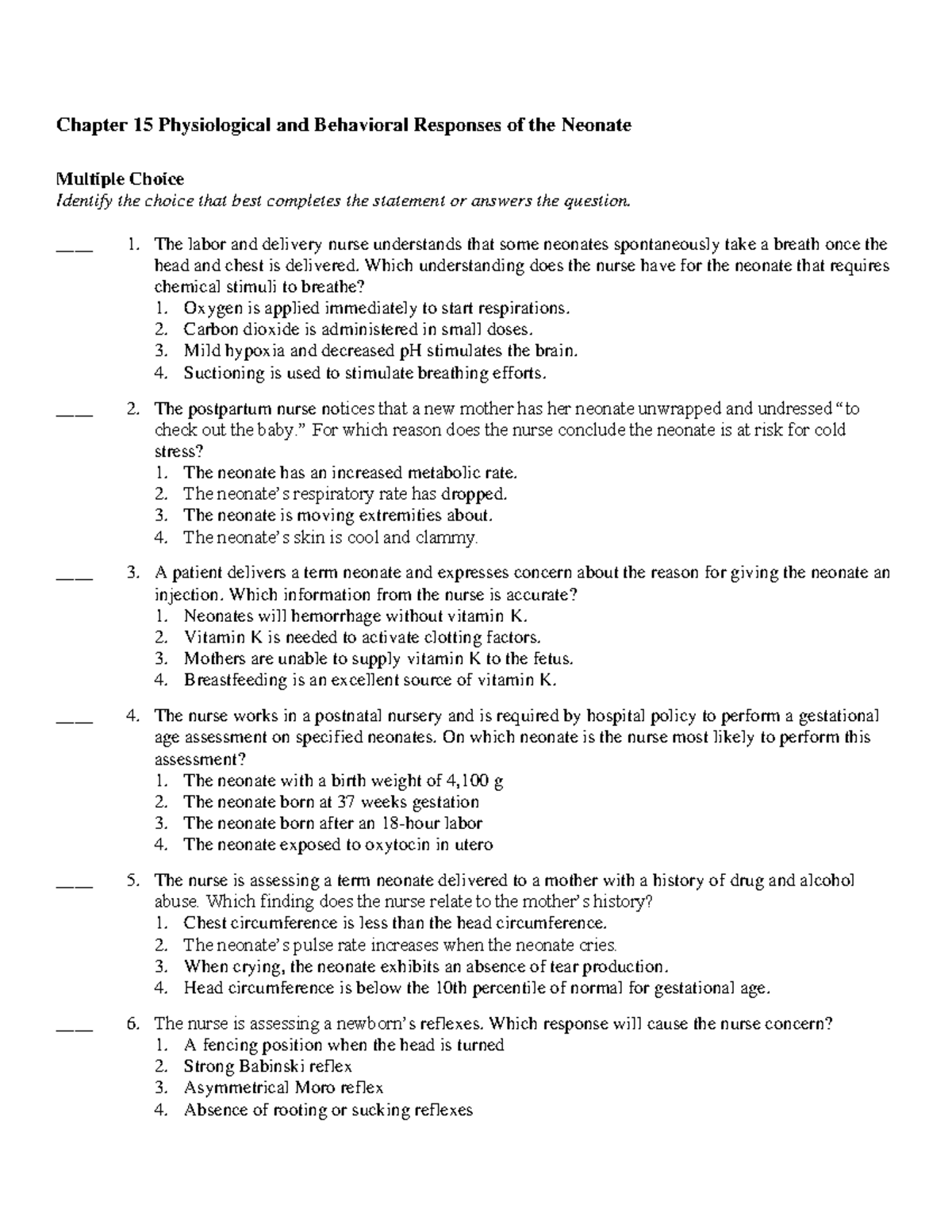 Ch15 Maternal Newborn - Chapter 15 Physiological and Behavioral ...
