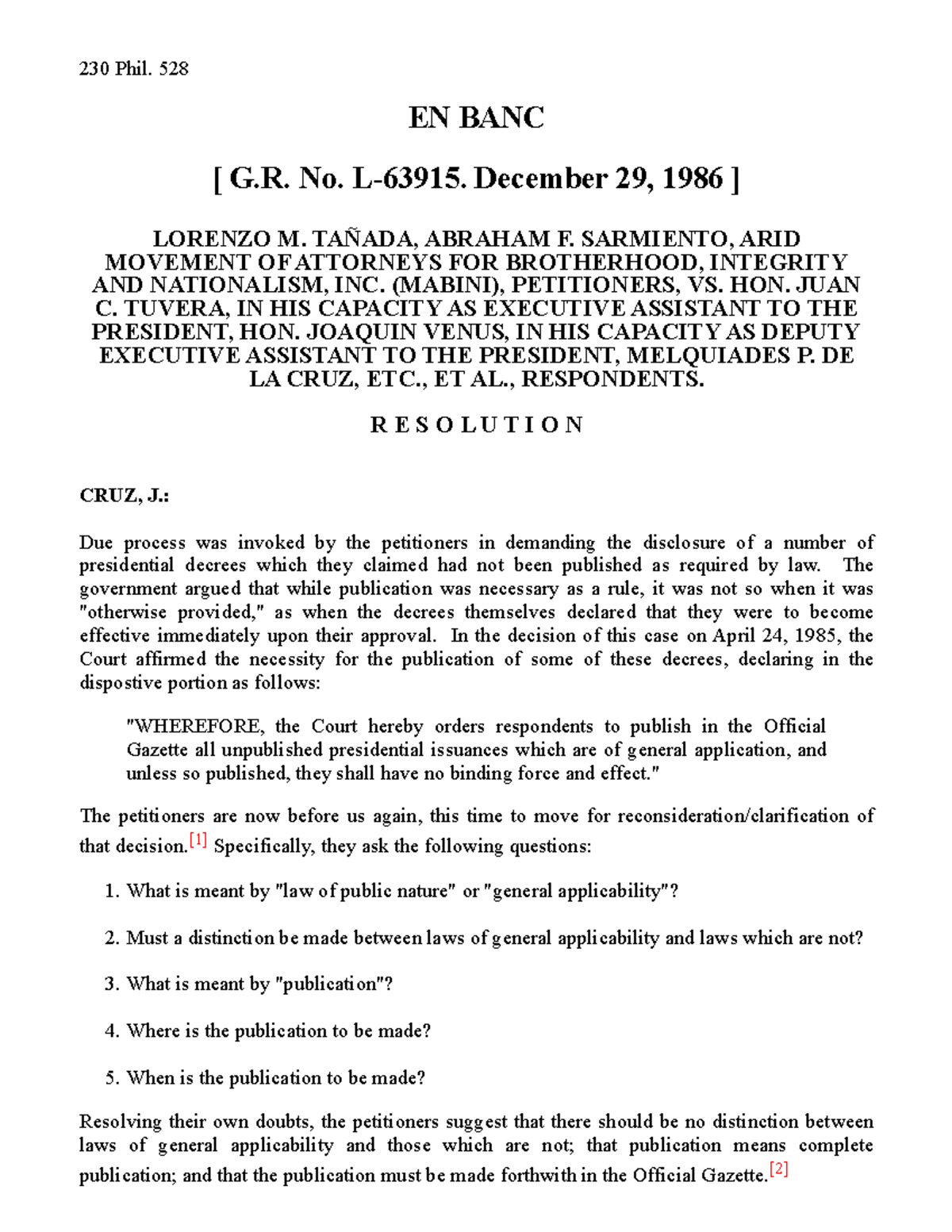 Tanada v Tuvera Case - 230 Phil. 528 EN BANC [ G. No. L- 63915 ...