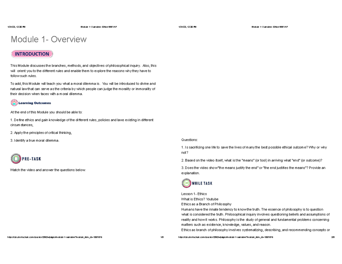 Ethics - simple - 1/31/23, 12:30 PM Module 1- Overview: Ethics-MMYAP - Studocu