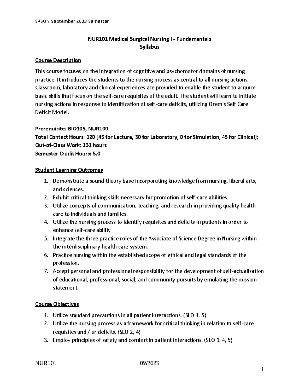 NUR101 Syllabus 09.2023 final - NUR101 09/ NUR101 Medical Surgical ...