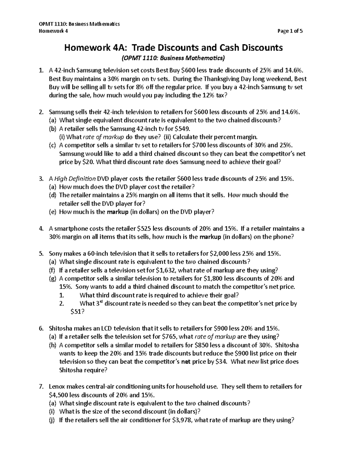 Homework 4 - Homework 4 Page 1 of 5 Homework 4A: Trade Discounts and ...