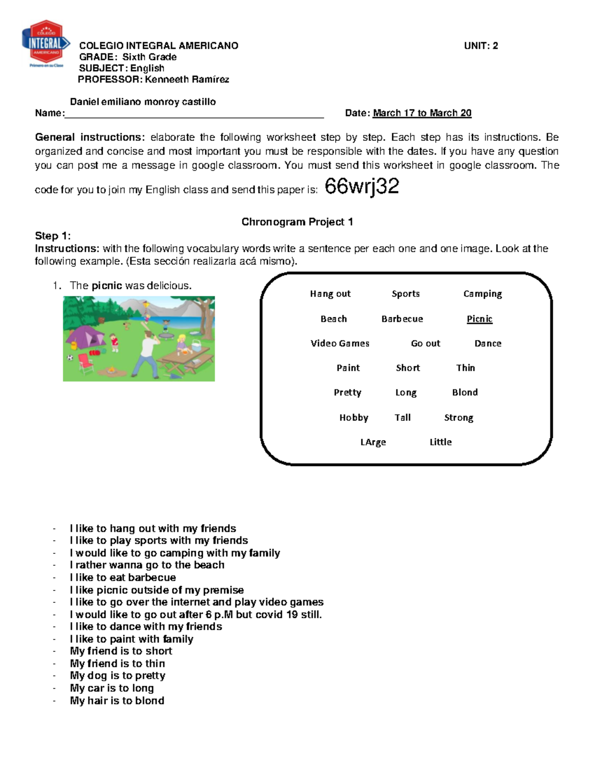 Activities First Week Sixth Grade - COLEGIO INTEGRAL AMERICANO UNIT: 2 ...