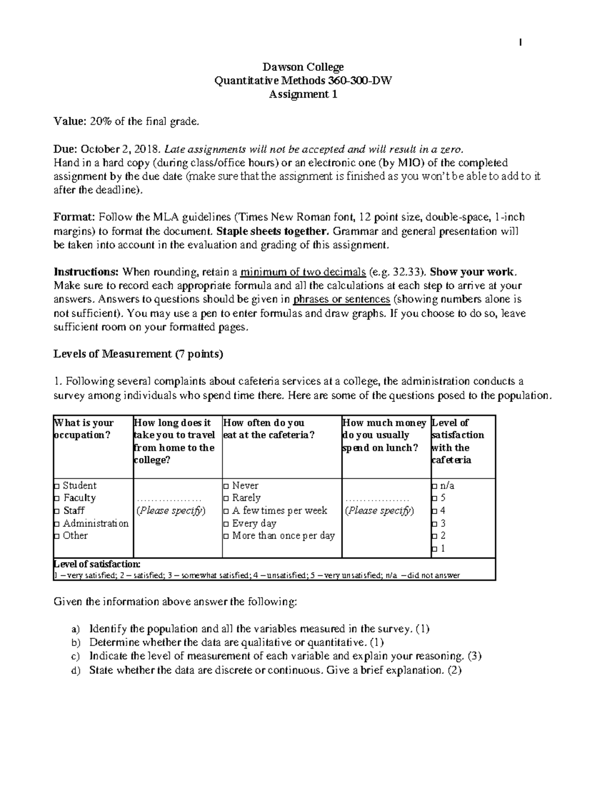Assignment 1 - 1 Dawson College Quantitative Methods 360-300-DW ...