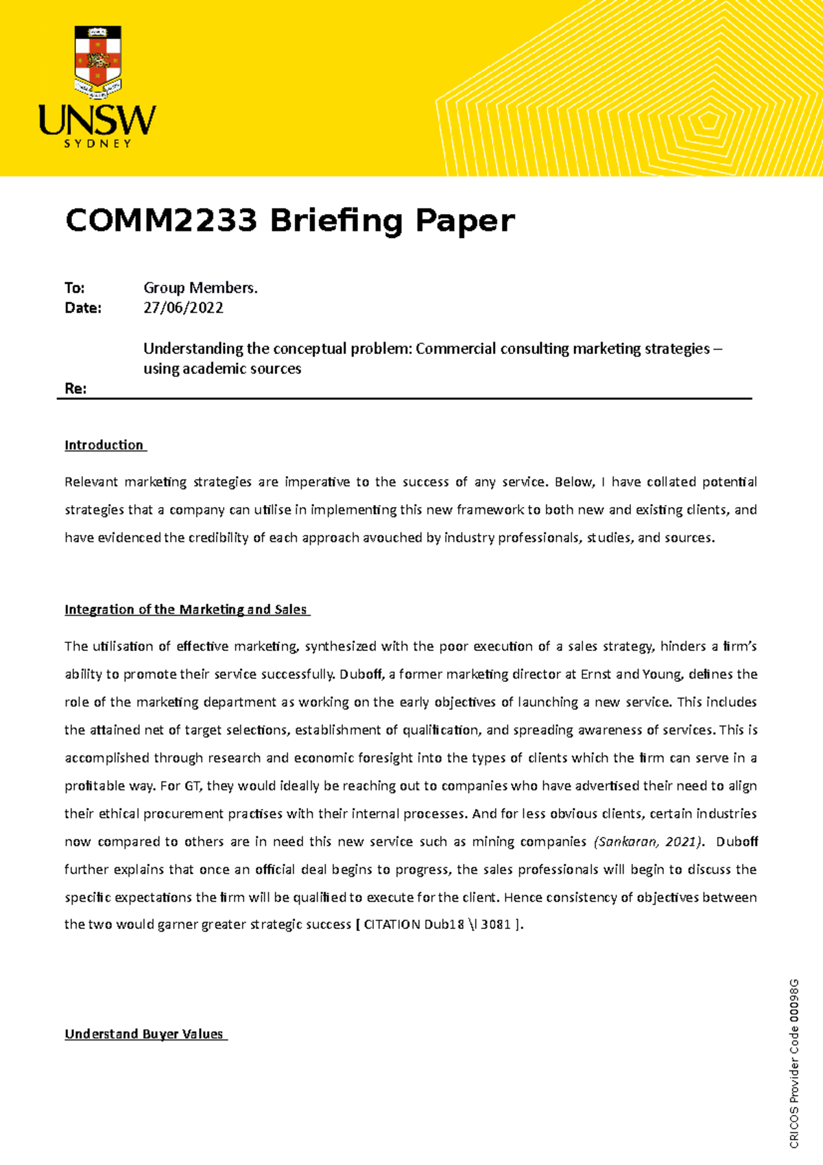 Briefing paper ass - 20/25 mark for marketing Assignment. - COMM2233 ...