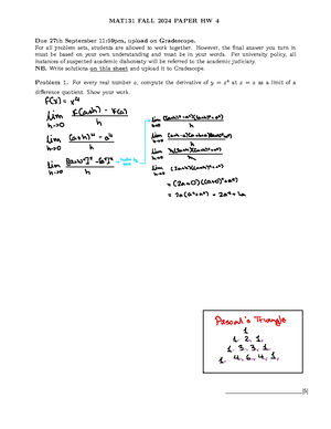 PHW 1 - paper hw - MAT131 Fall 2024 Paper HW 1 Due 6th September 11 ...