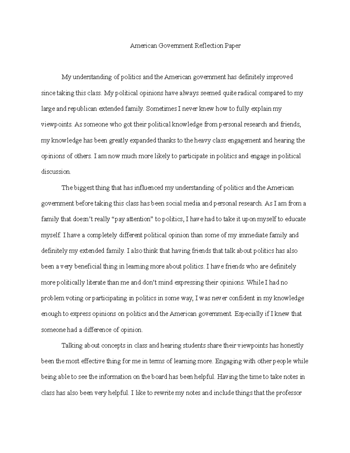 Reflection Paper - My political opinions have always seemed quite ...