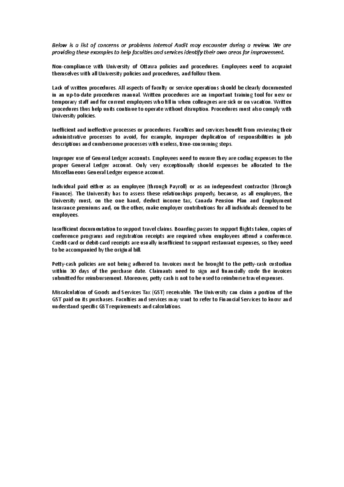 Below is a list of concerns or problems Internal A - We are providing ...