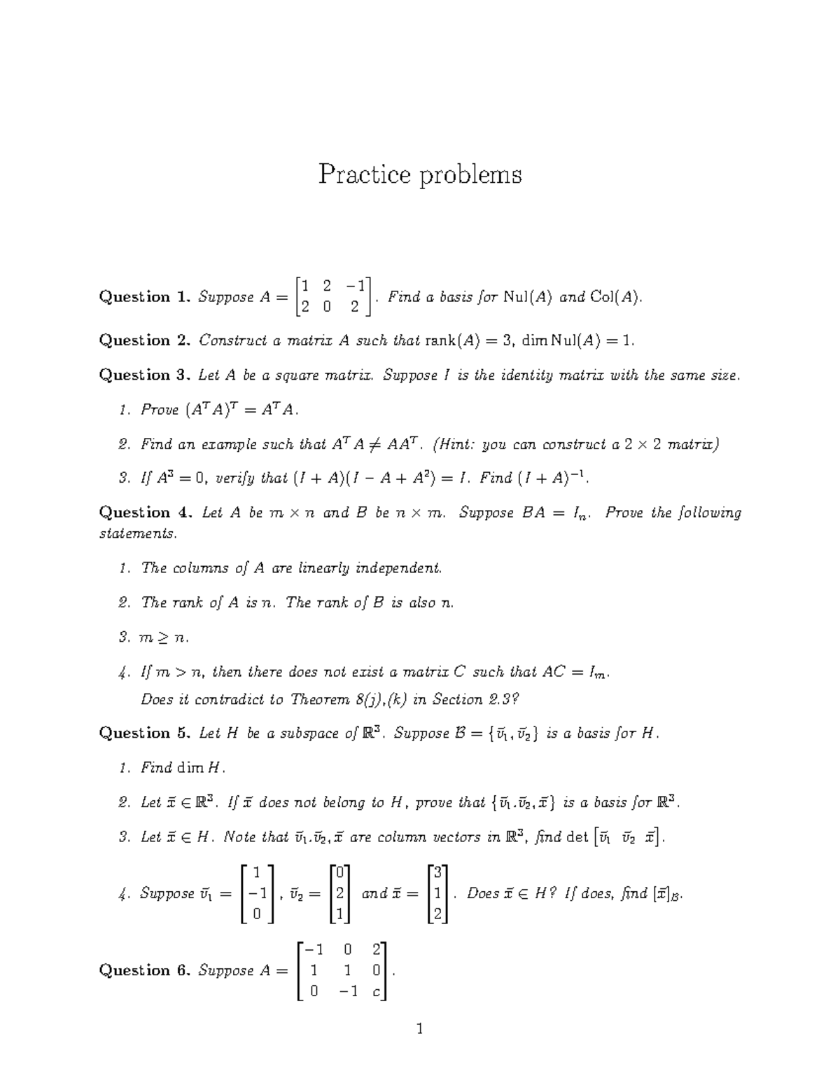 Math 3a Practice Problems Before Midterm 2 - Practice Problems Question