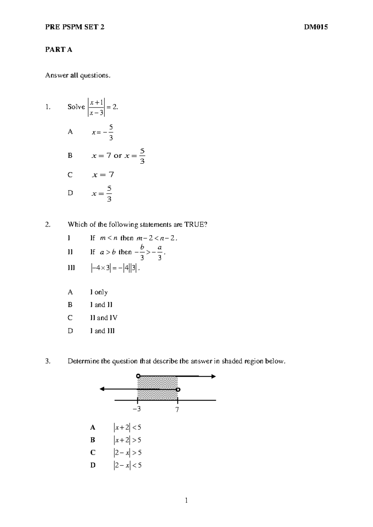 PRE PSPM SET 2 - Questions - PART A Answer all questions. Solve 1 2. 3 x x A 5 3 x B 5 7 - Studocu