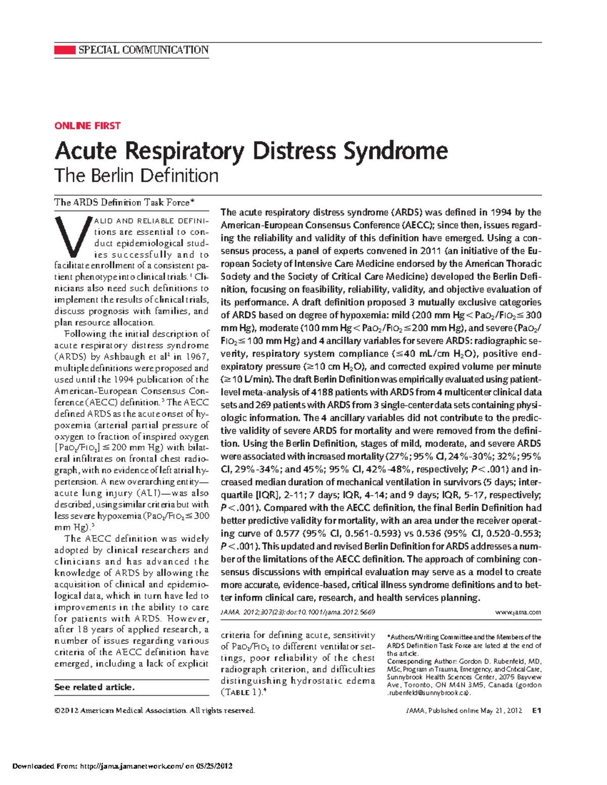 ARDS The Berlin definition Jama 2012 - SPECIAL COMMUNICATION ONLINE ...