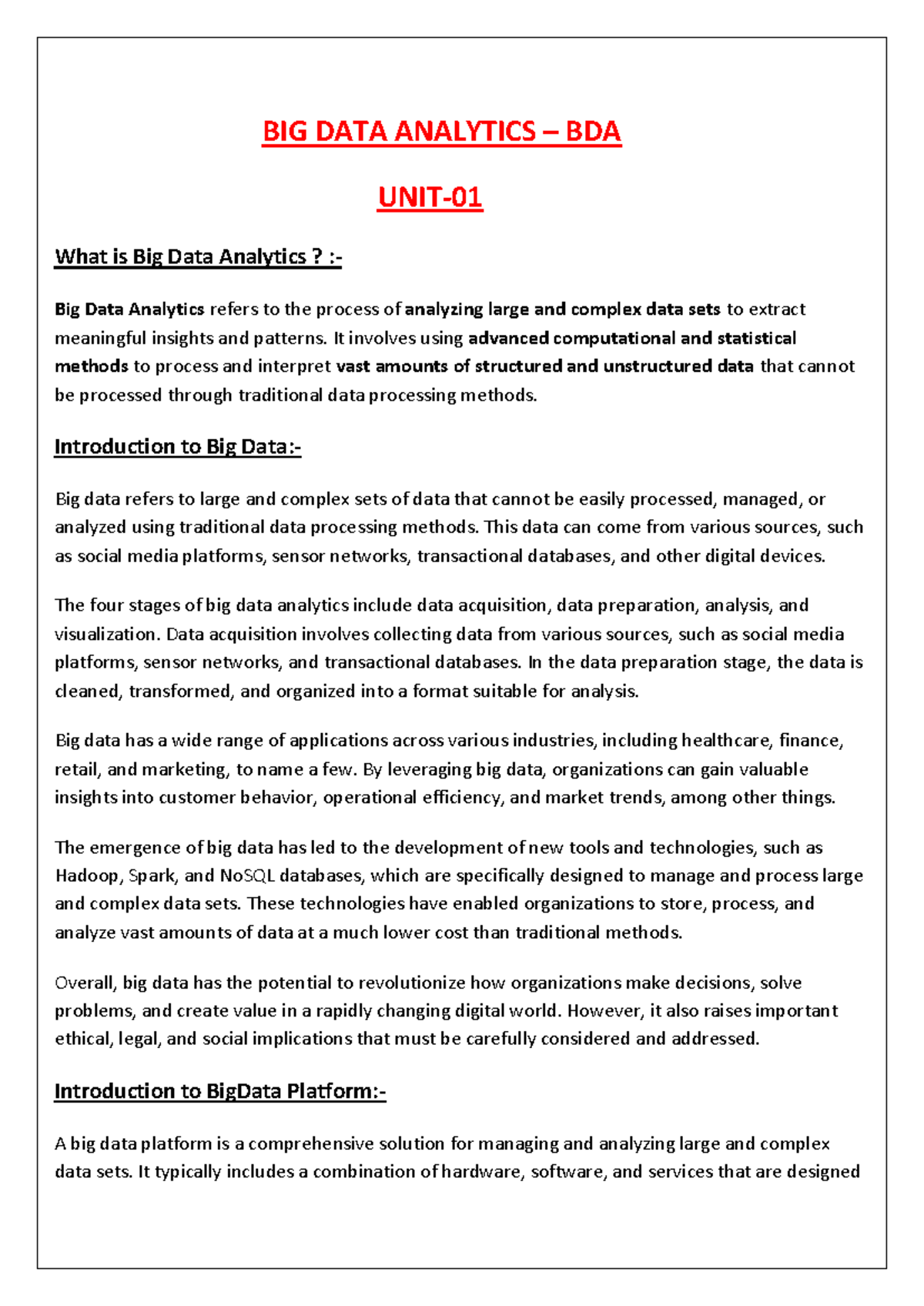 BDA Unit-1 - hbjh - BIG DATA ANALYTICS – BDA UNIT- 01 What is Big Data Analytics? :- Big Data ...