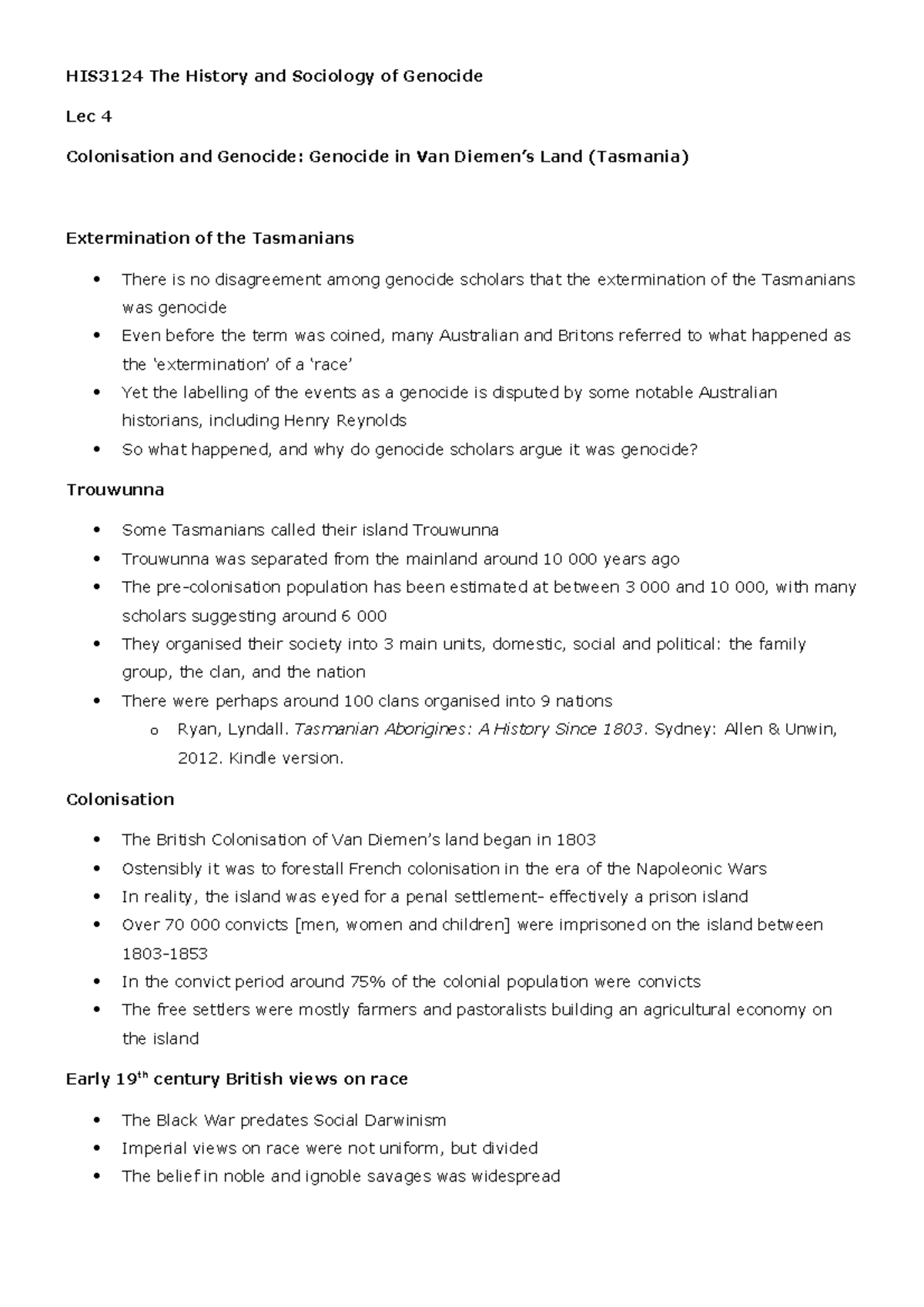 HIS3124 The History and Sociology of Genocide - Tasmanian Aborigines: A ...